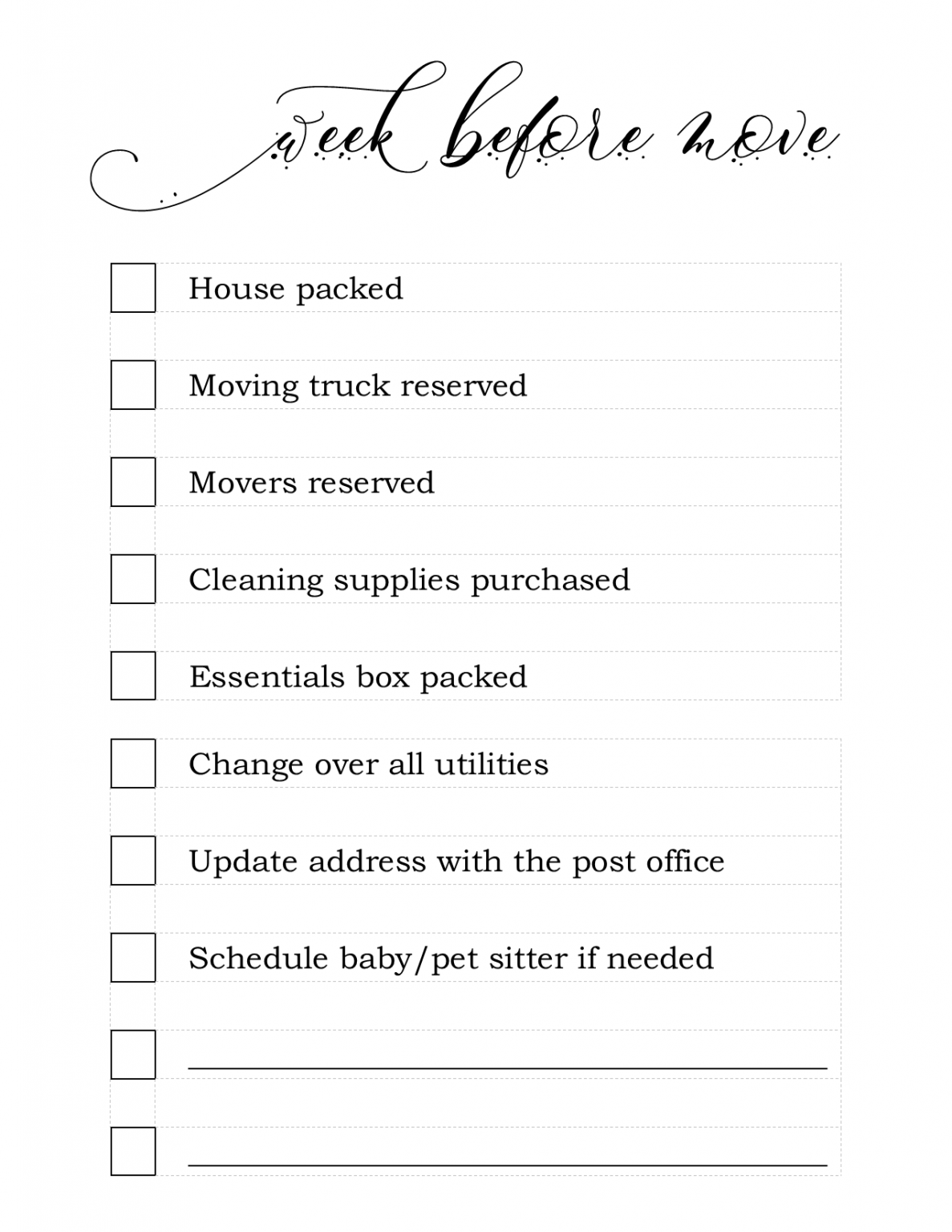 Week Before Move Checklist - The Homemakers Cottage